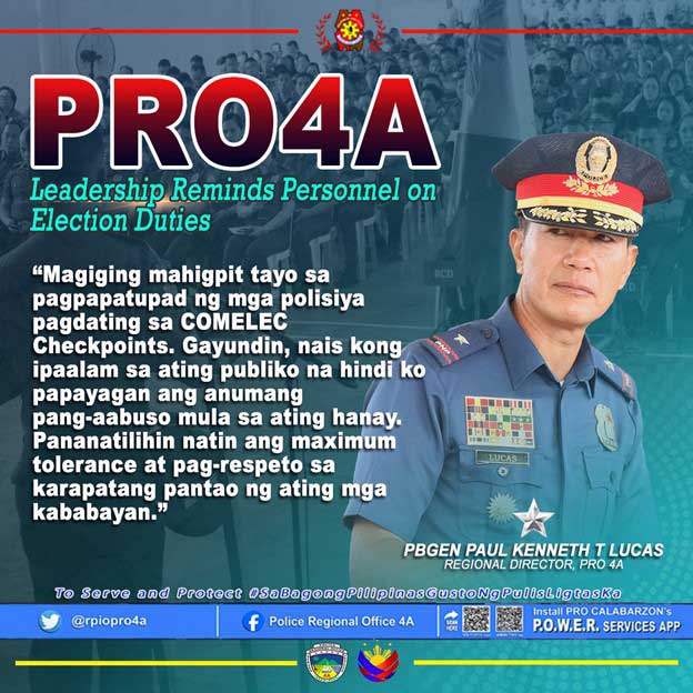 PRO4A LEADERSHIP REMINDS PERSONNEL ON ELECTION DUTIES